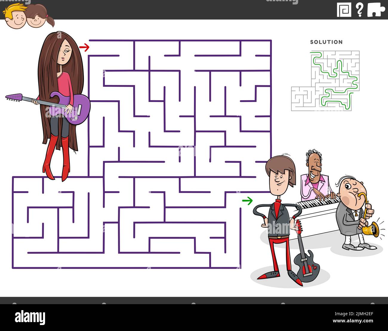 Maze game with cartoon girl with guitar and band Stock Photo - Alamy
