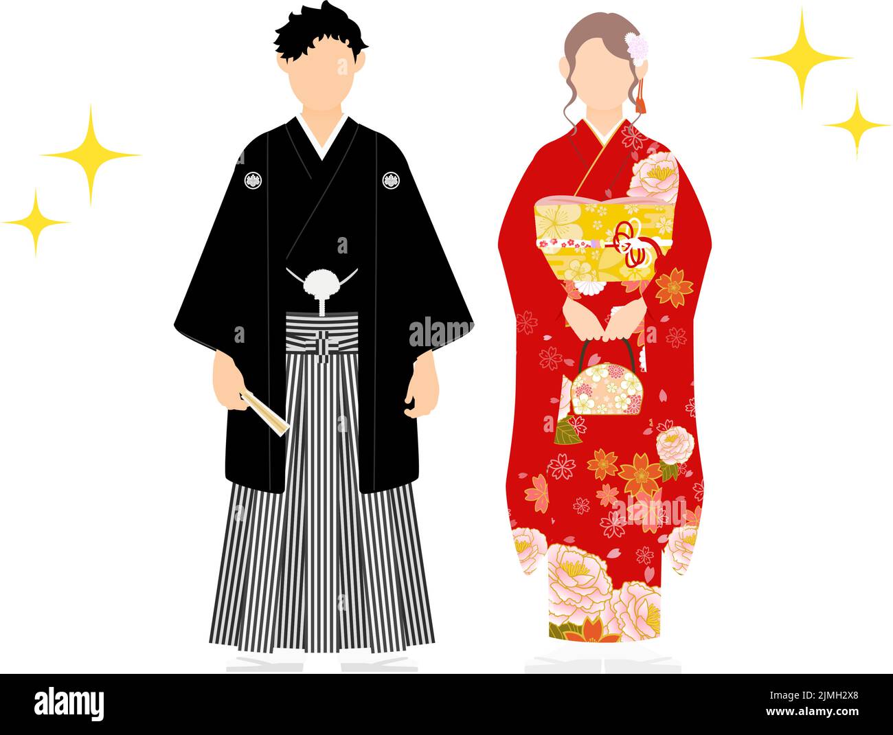 Kimono-clad men and women, montsuki hakama and furisode kimono, pose ...