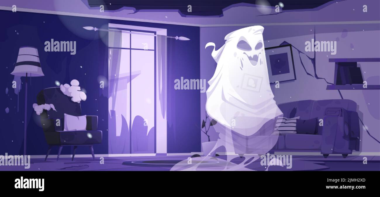 Ghost in night abandoned living room. Funny spook cartoon Halloween ...