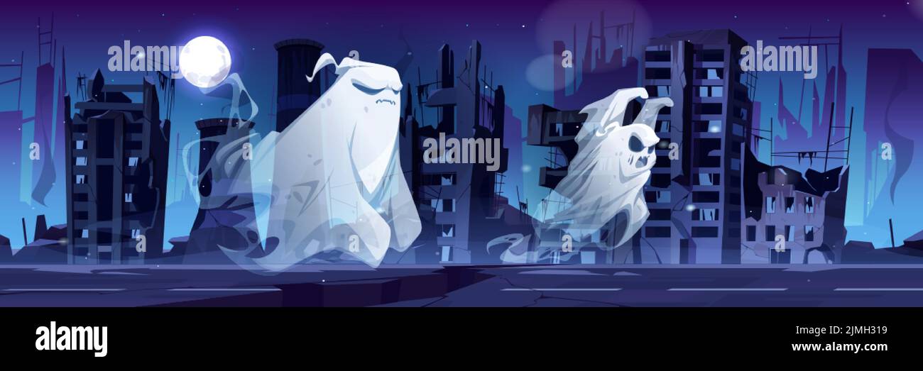 Spooky ghosts in destroyed abandoned city at night. Cartoon Halloween ...