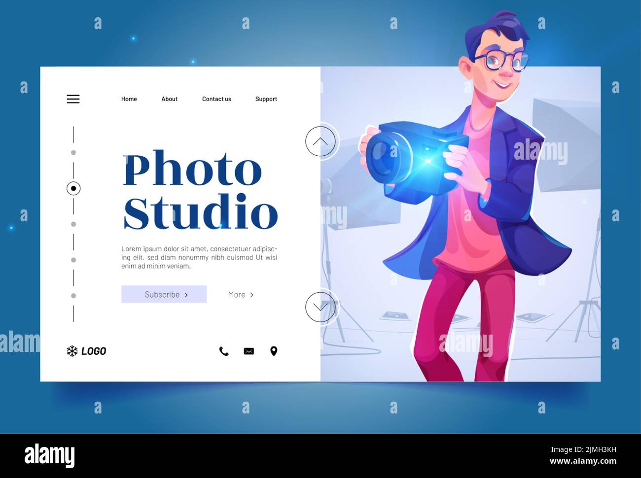 Photo studio banner with man holding camera with flash. Vector landing ...