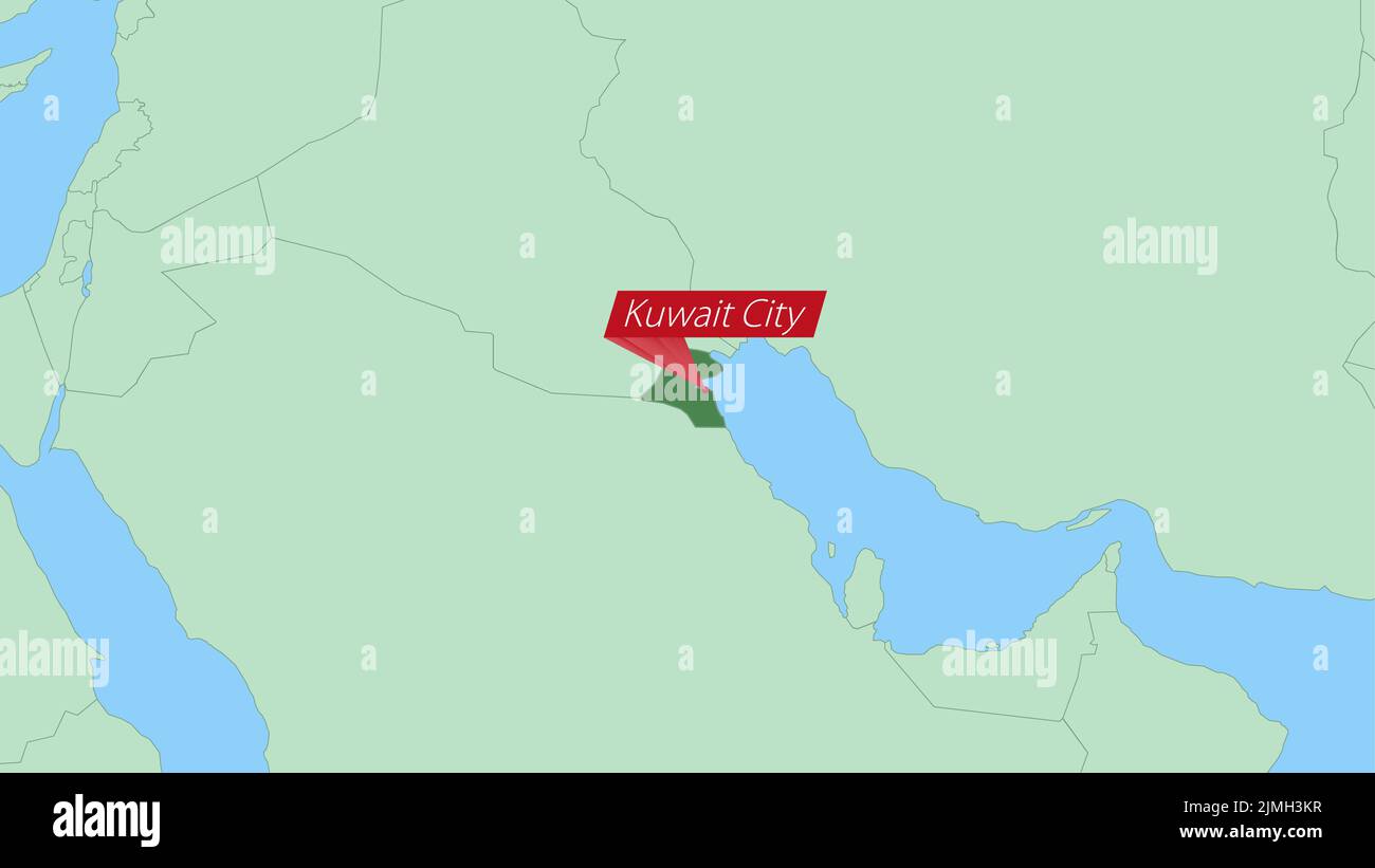 Map of Kuwait with pin of country capital. Kuwait Map with neighboring countries in green color ...