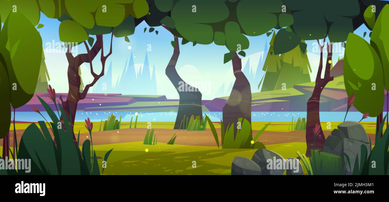 Cartoon nature landscape with forest and river. Scenery summer ...