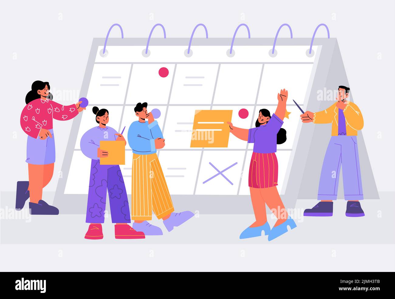 Tiny business people team around of huge calendar making schedule of ...