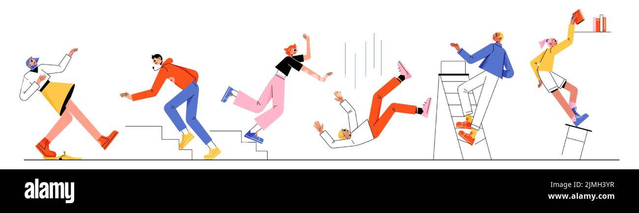 People stumble on stairs, fall down from high, ladder and stool, slip ...