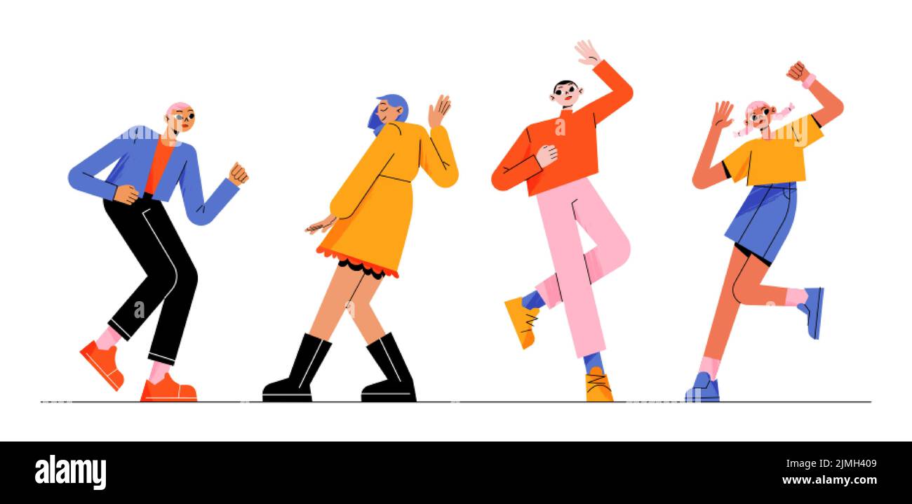 People dance, move body at music tunes. Young male and female ...