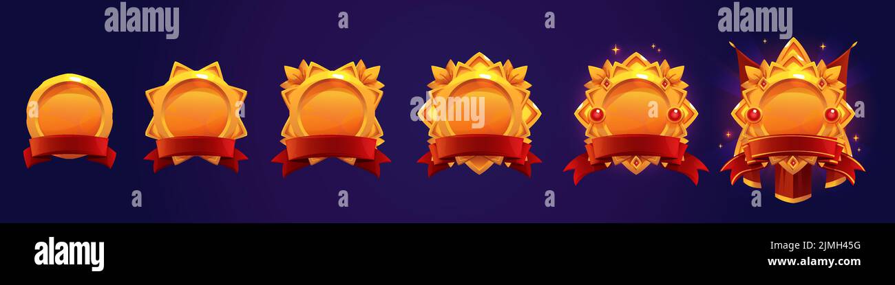 Golden game avatar frames, award badges, level ui icons. Empty gold ...