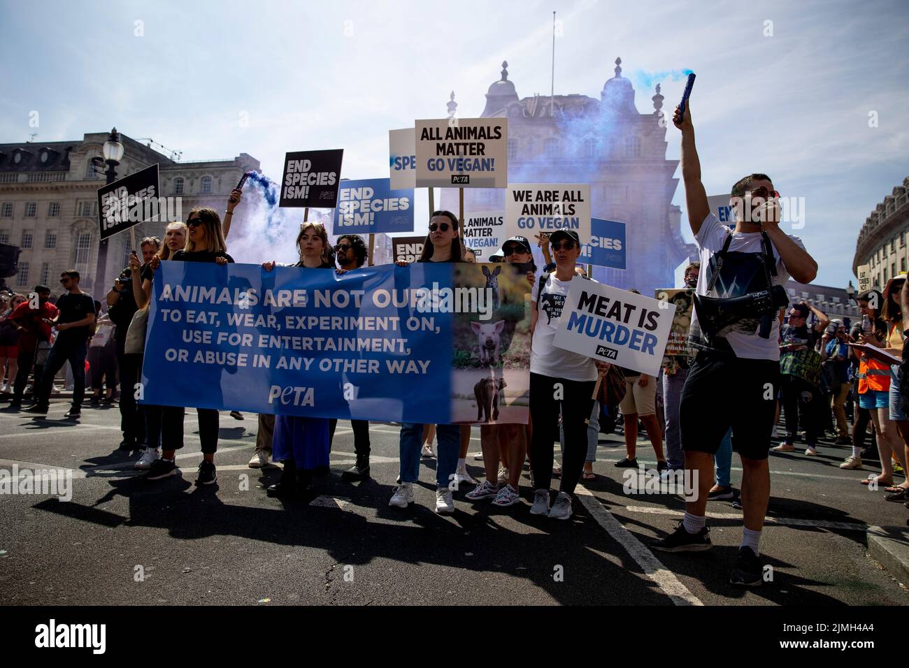 London, UK. 06th Aug, 2022. A group of activists from PETA seen with ...