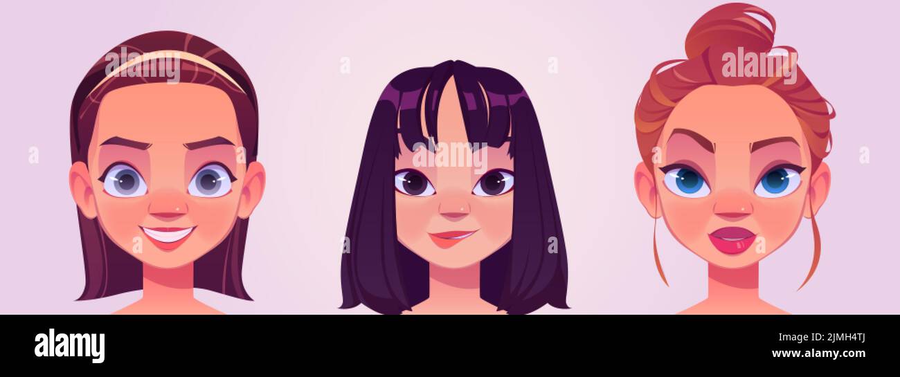 Girl avatars, young female characters faces, caucasian and asian women ...