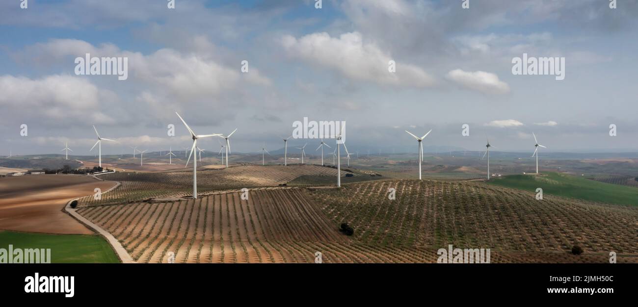 Aerial view of Andalusian country and farm landscape with many wind ...