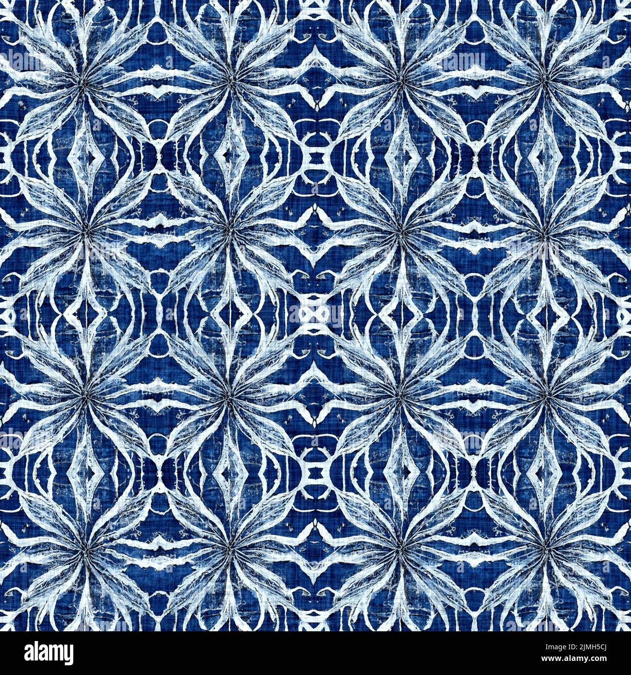 Indigo blue snow flake pattern background. Frosty batik painterly ...