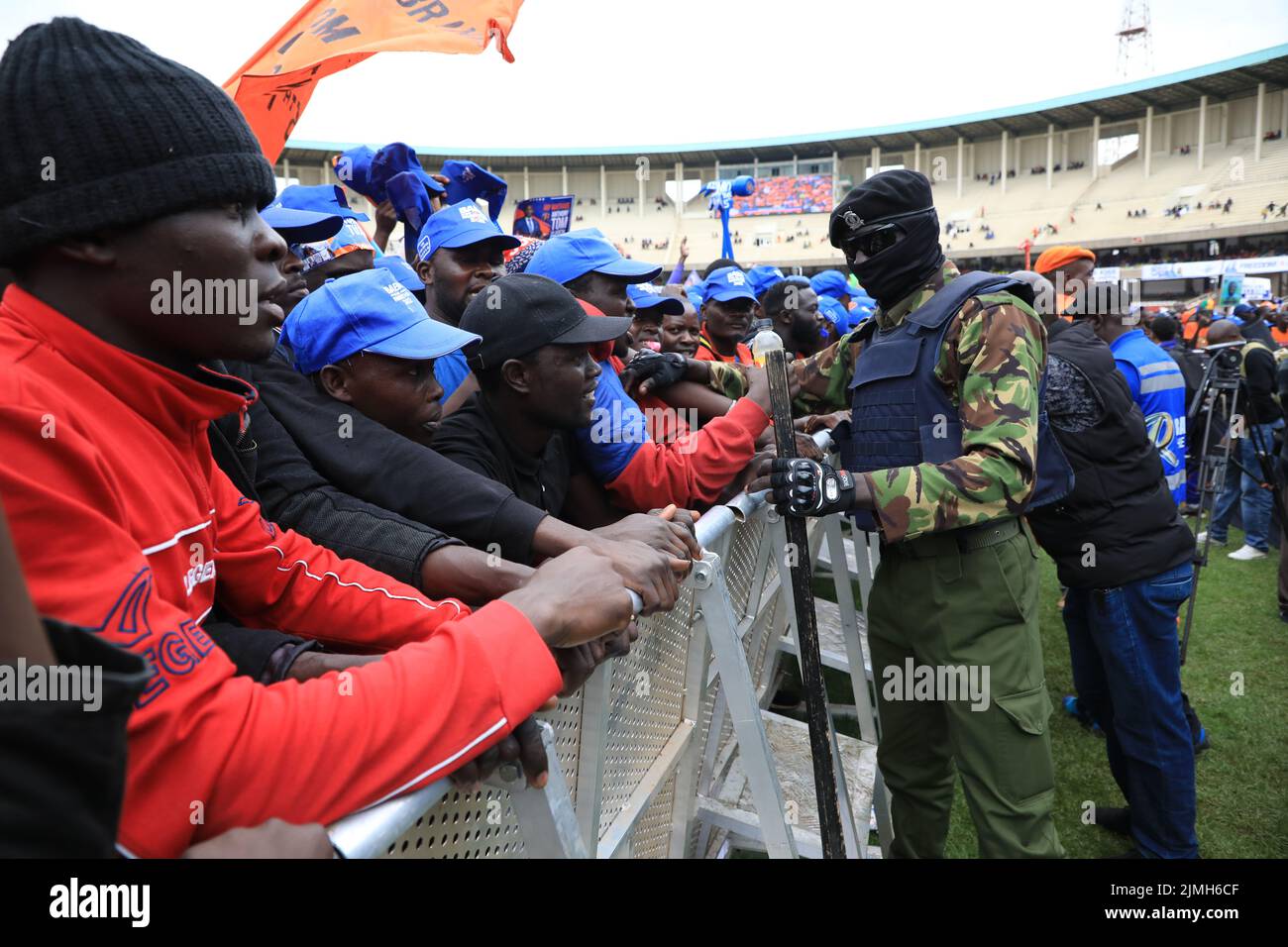 Nairobi, Kenya. 06th Aug, 2022. A police officer attempts to maintain law and order at Kasarani ...