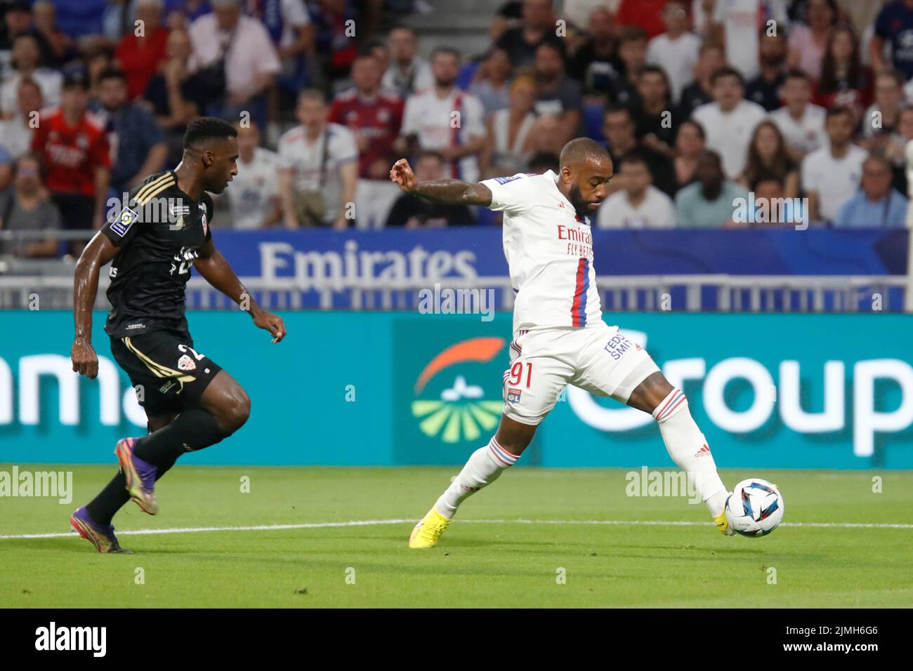 Alexandre LACAZETTE of Lyon and Oumar GONZALEZ of Ajaccio during the ...