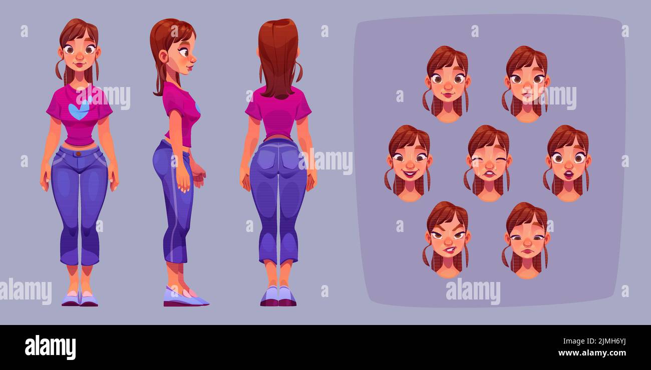 Girl character for animation, side, rear, front view and emotions ...