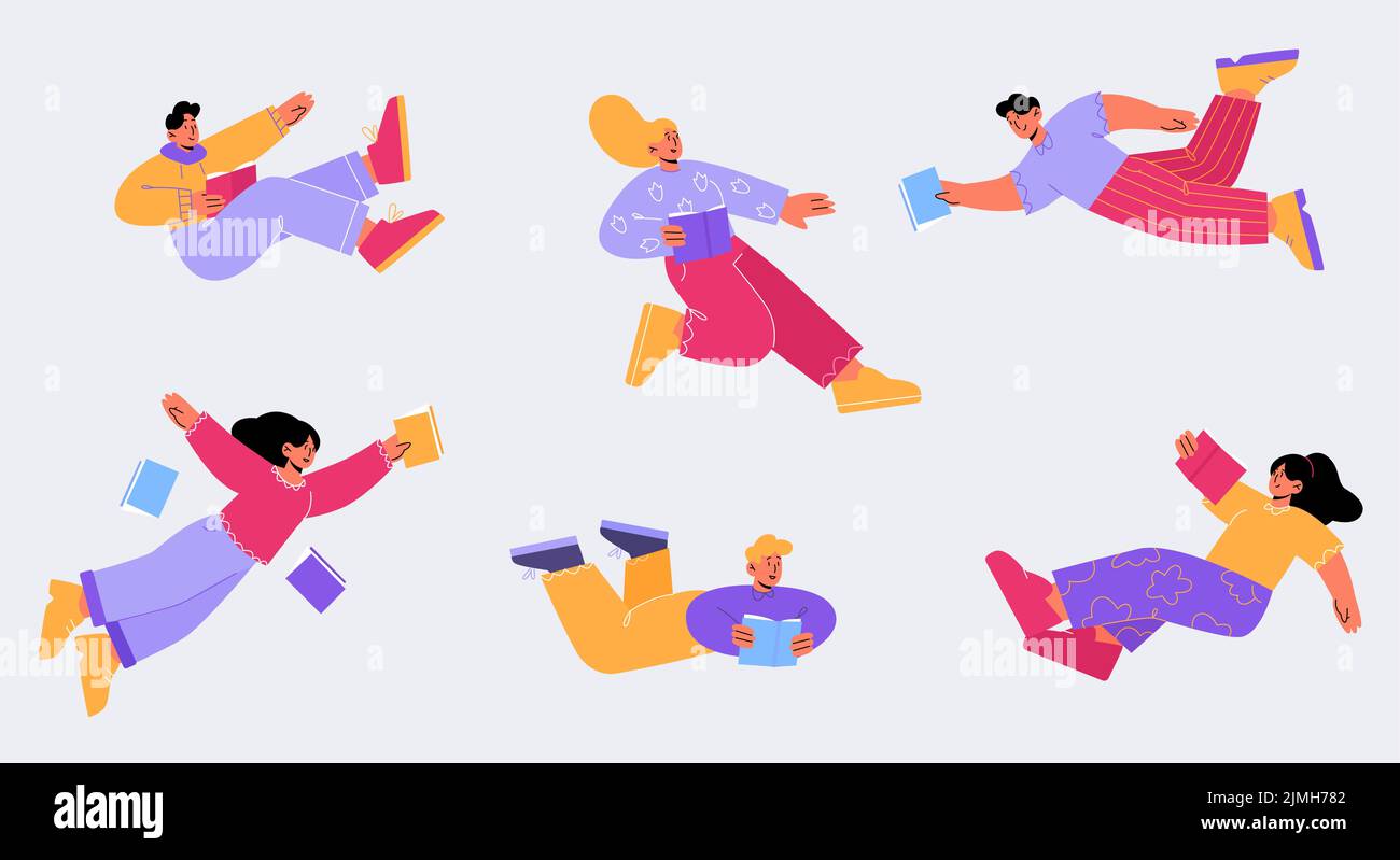 People reading books falling or flying in air. Happy male and female ...