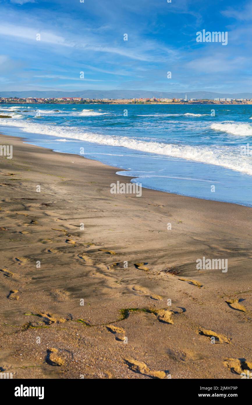 Sandy beach on spit, Pomorie and Aheloy, Bulgaria Stock Photo - Alamy