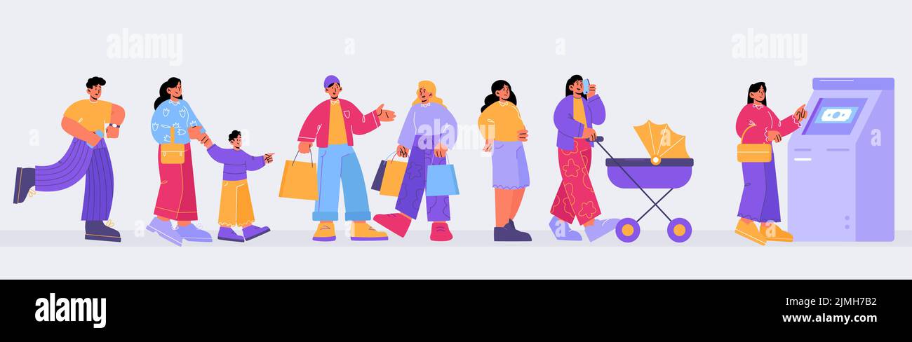 People queue at atm. Clients at bank terminal, banking services concept ...