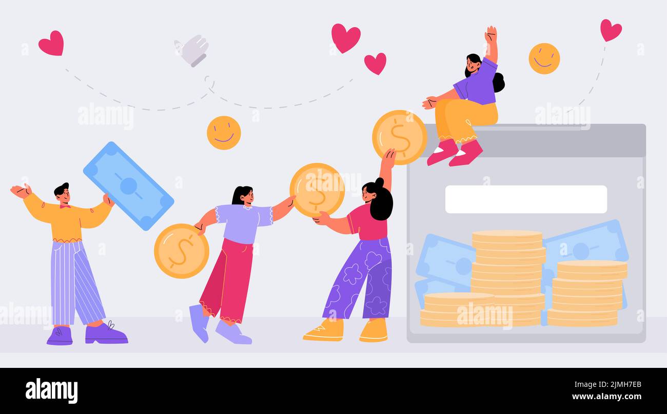 Crowdfunding, donation concept. Tiny people collect coins to huge box ...