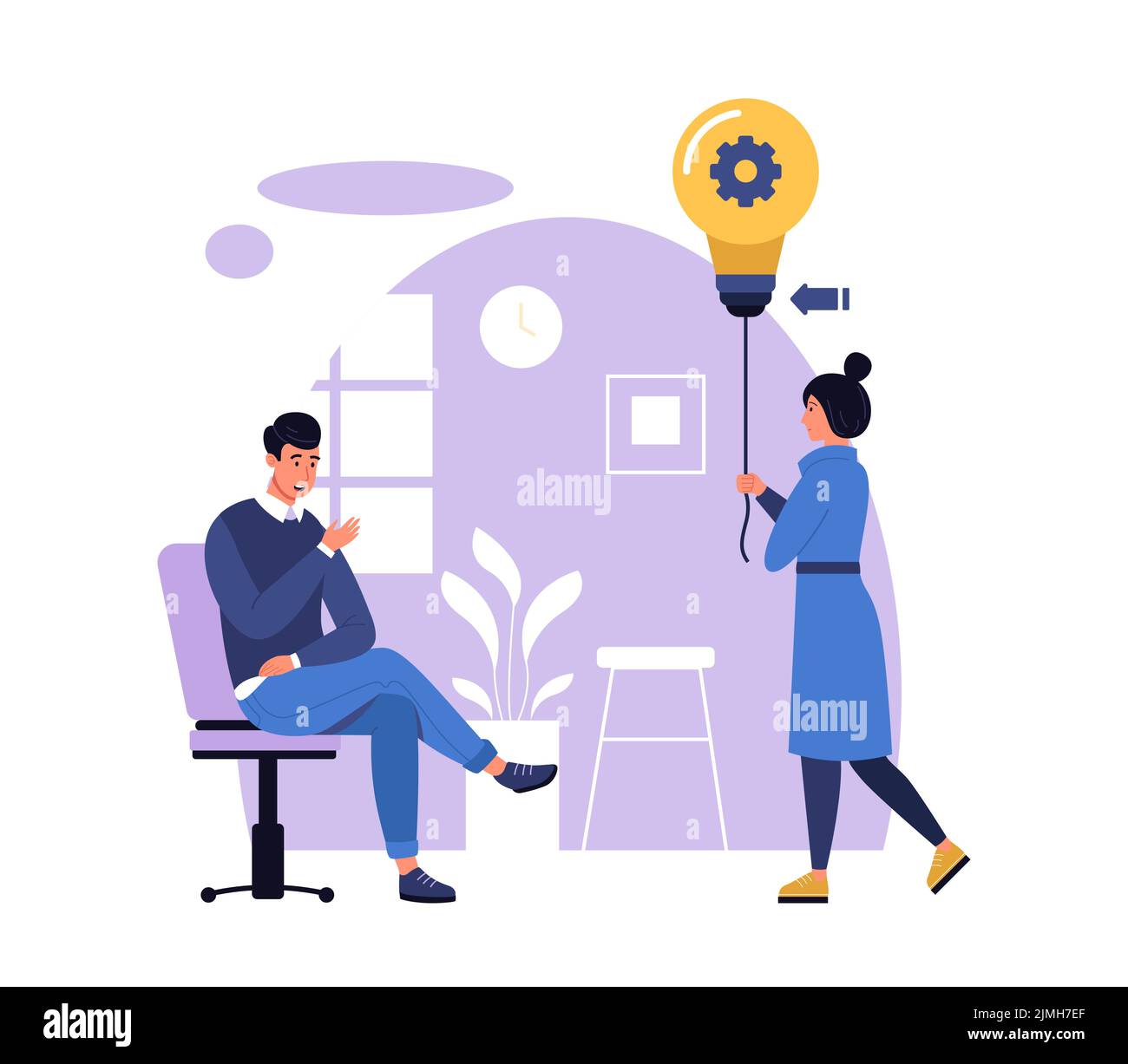 Creative idea. Woman coming with light bulb to colleague. Smart worker ...