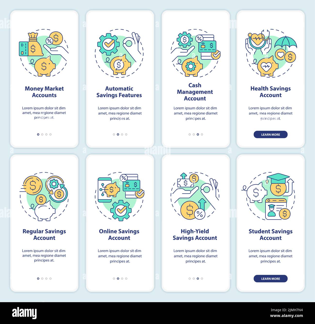 Saving accounts types onboarding mobile app screen set Stock Vector ...