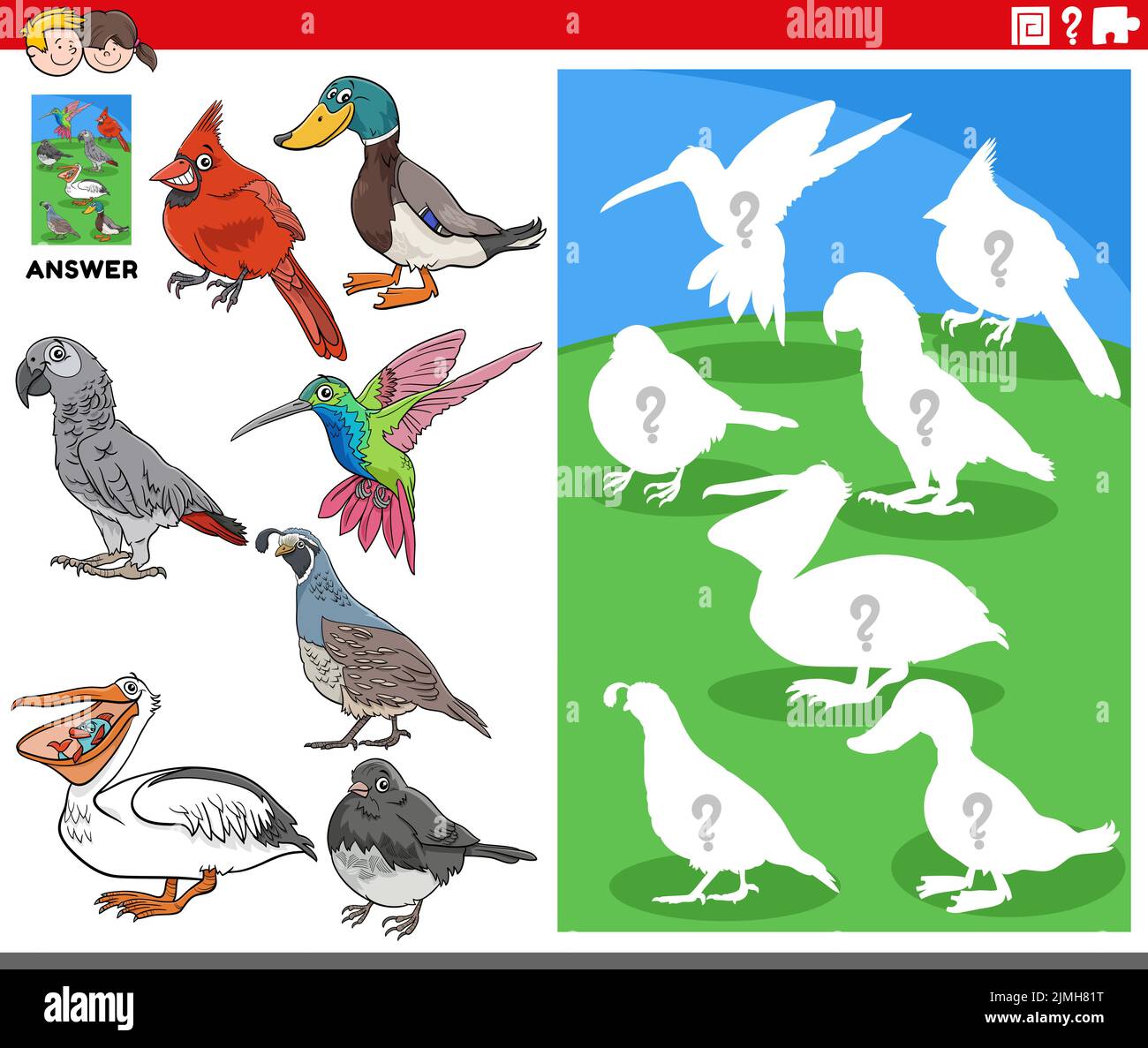 Matching shapes game with cartoon birds animal characters Stock Photo ...