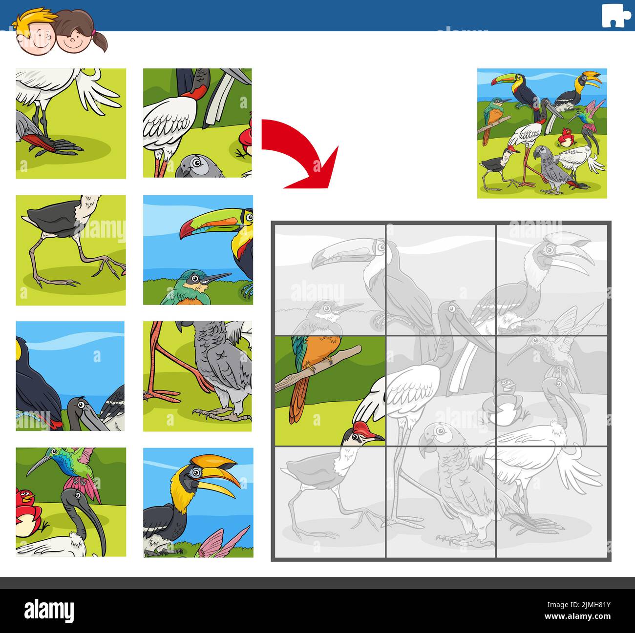 Jigsaw puzzle task with cartoon birds animal characters Stock Photo - Alamy