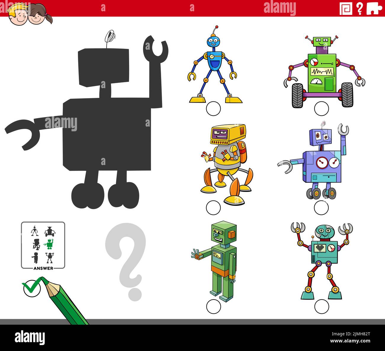 Shadow task with cartoon robots characters Stock Photo - Alamy