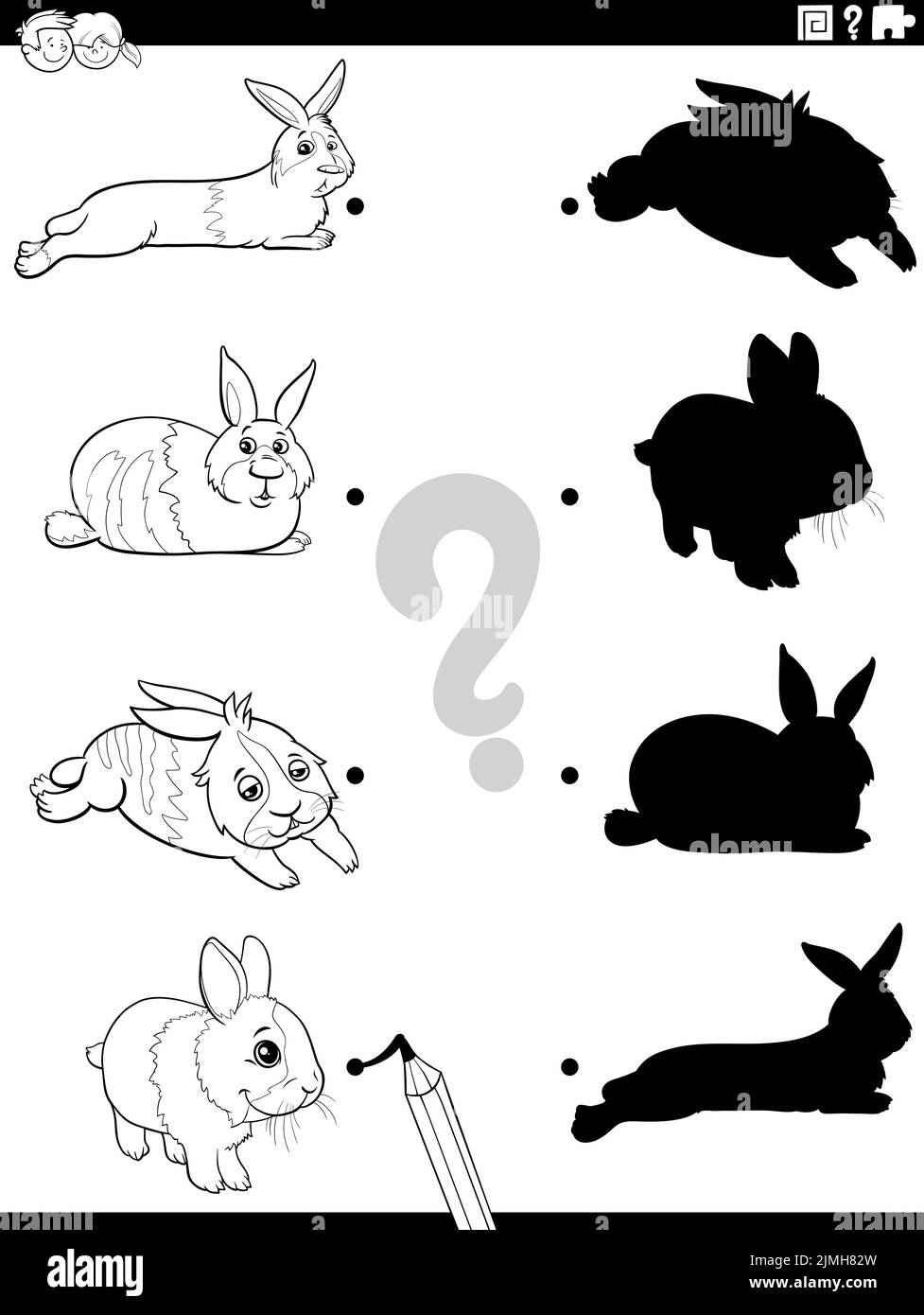 Shadow game with cartoon rabbits coloring book page Stock Photo - Alamy