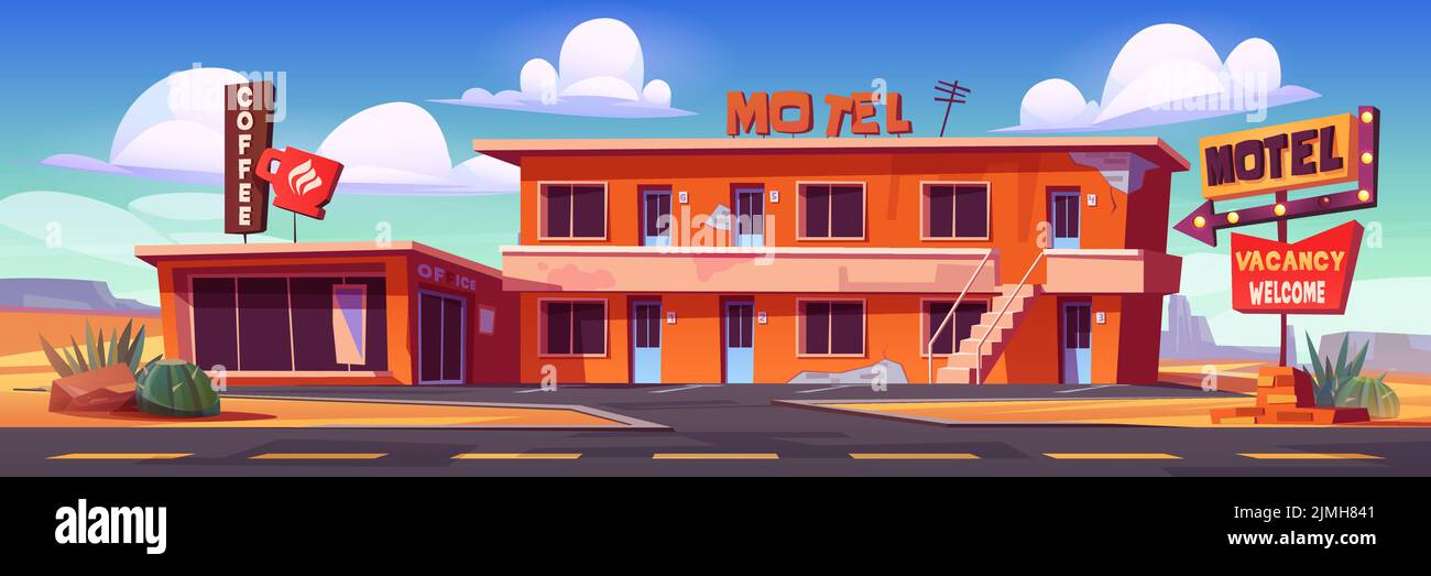 Small motel at highway roadside, old building facade with illuminated ...