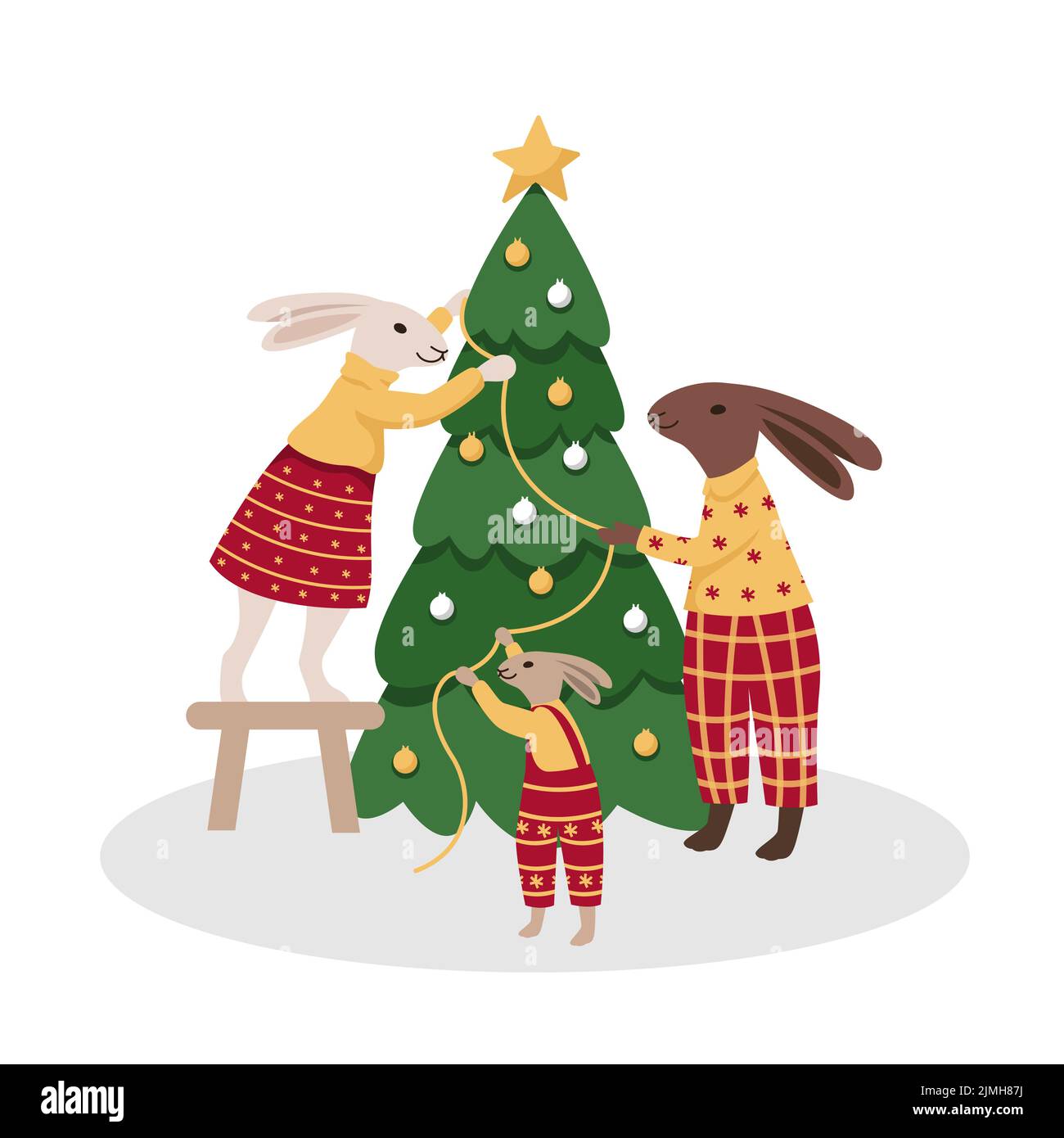Cute family of rabbits in home outfits decorate christmas tree together ...