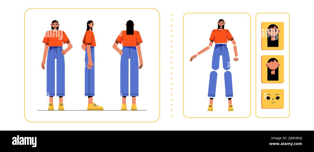 Woman character animation set. Girl creation model in front, side and ...