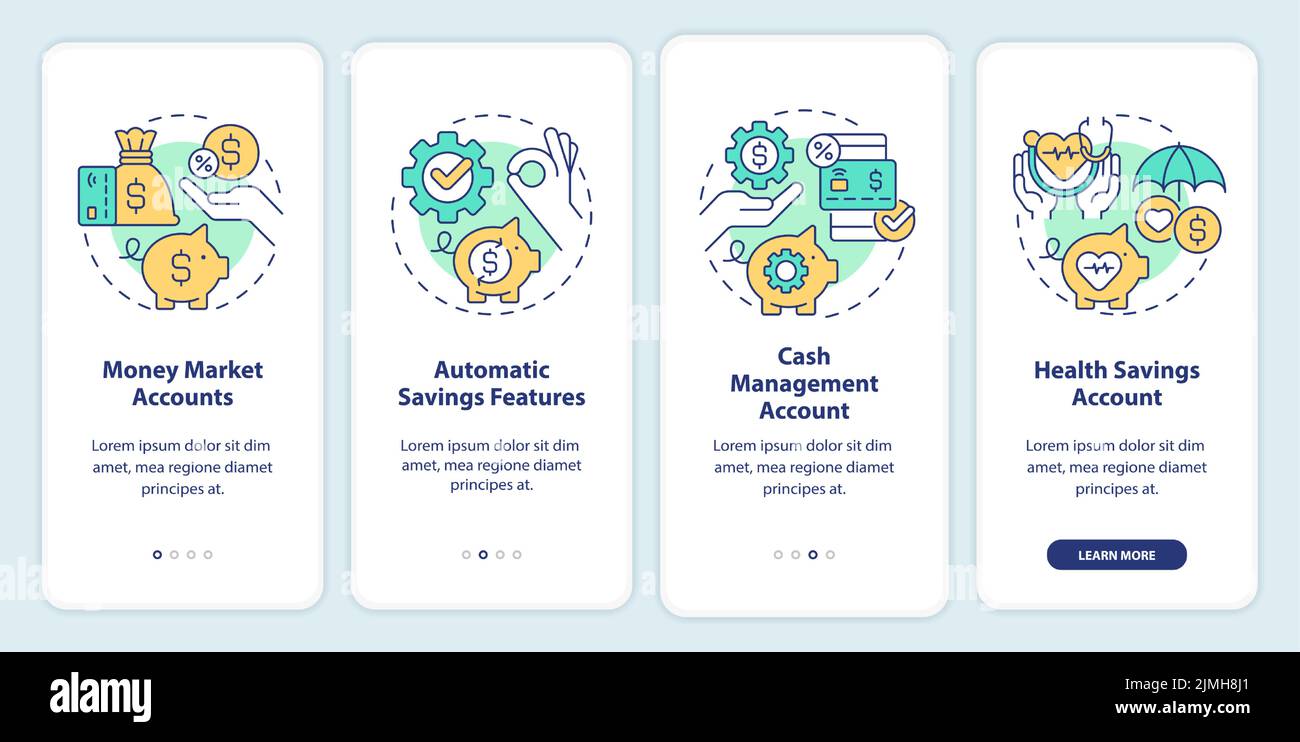 Saving accounts types onboarding mobile app screen Stock Vector Image ...