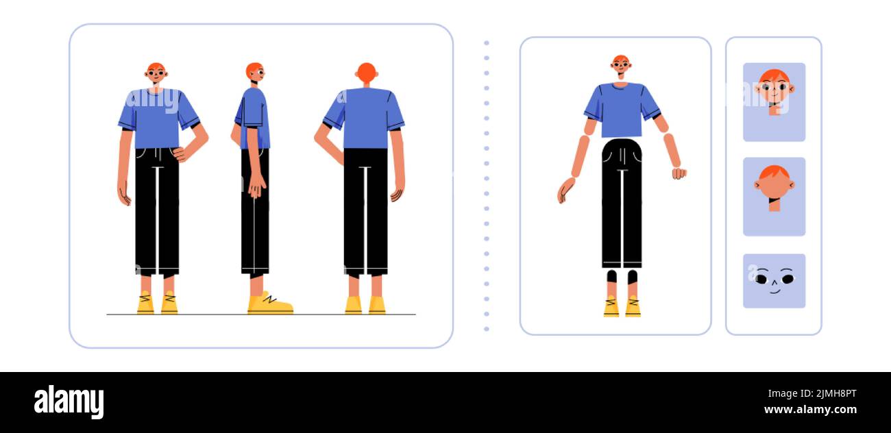 Male character animation personage side, rear, front view and emotions ...