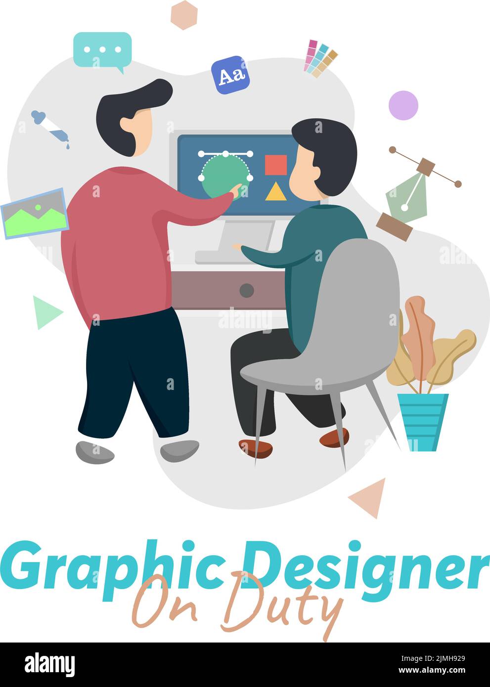 A digital vector cartoon illustration of a graphic designer on duty ...