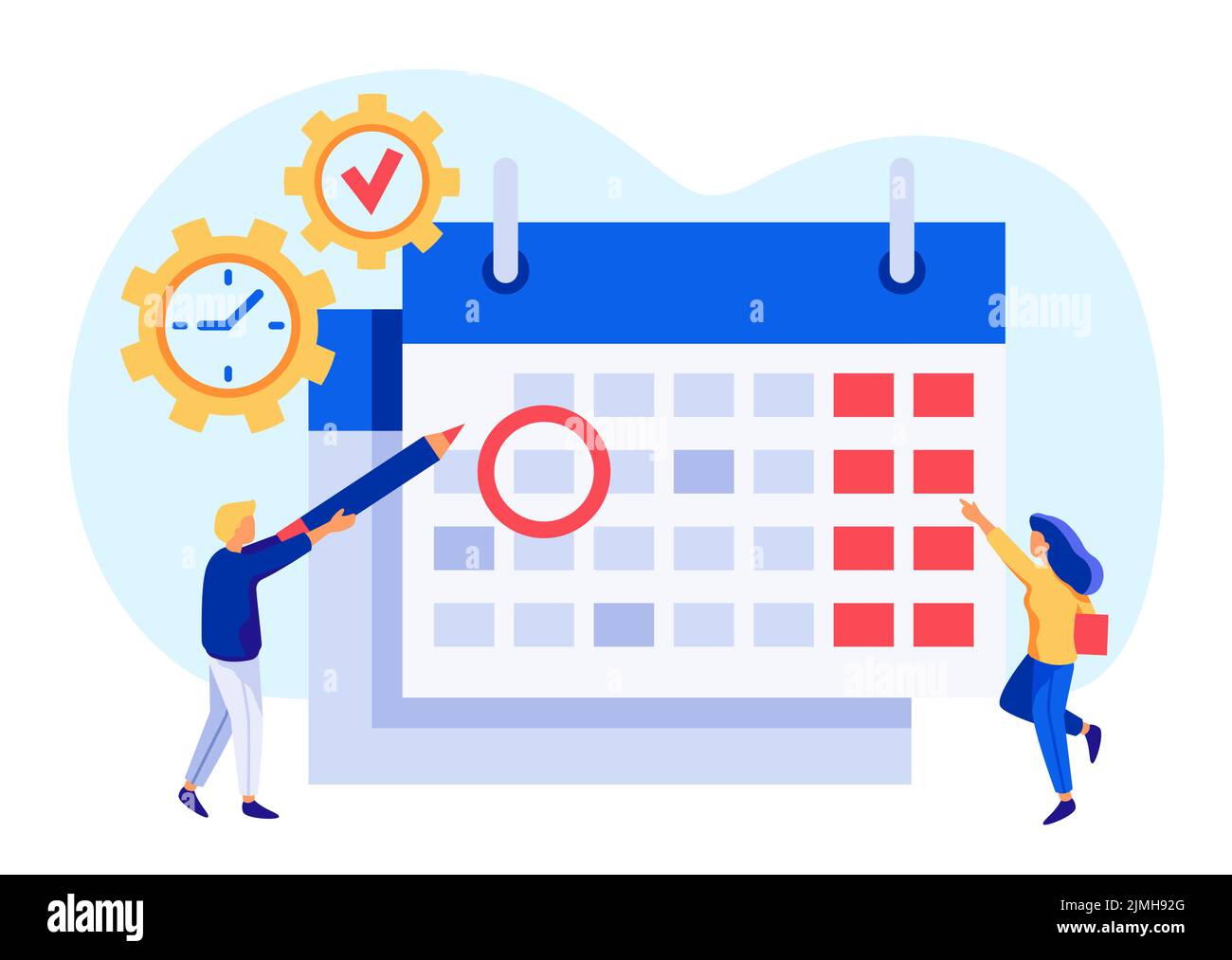 Work time management. Tiny people looking at calendar, checking ...