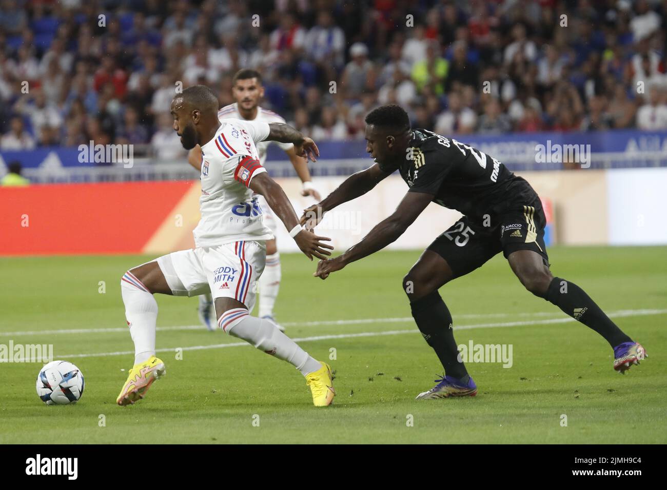 Alexandre LACAZETTE of Lyon and Oumar GONZALEZ of Ajaccio during the ...