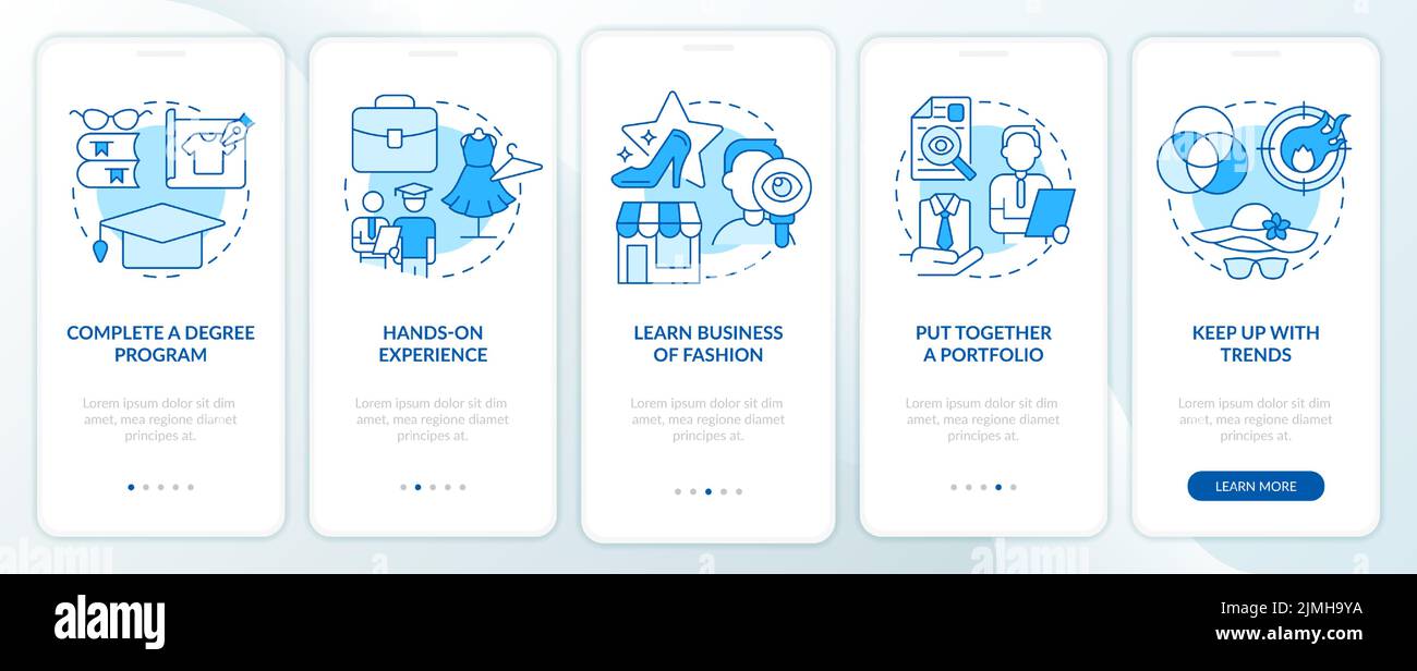 Becoming fashion designer blue onboarding mobile app screen Stock ...