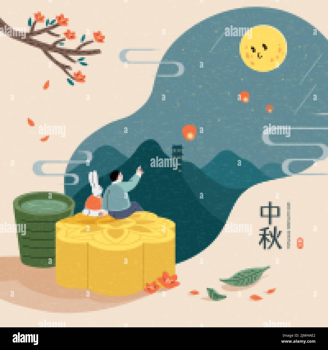 Mid autumn festival illustration. Rabbit and man sitting on a giant ...