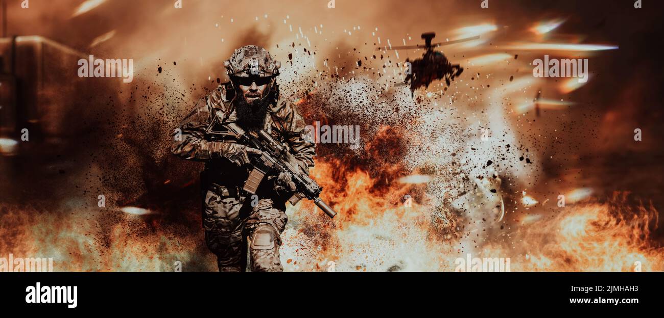 A bearded soldier in uniform of special forces in a dangerous military ...