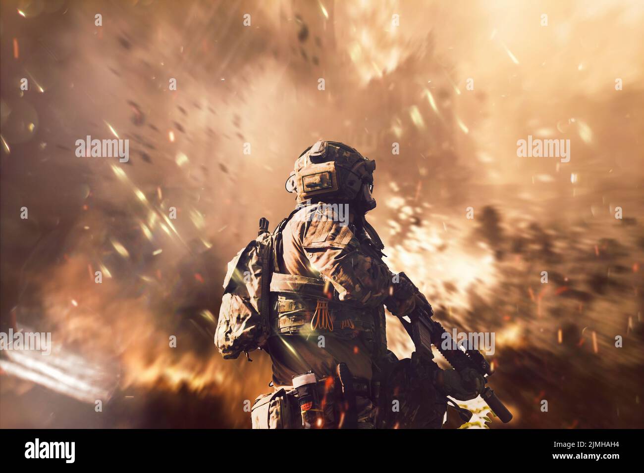 War concept. A bearded soldier in a special forces uniform fighting an ...