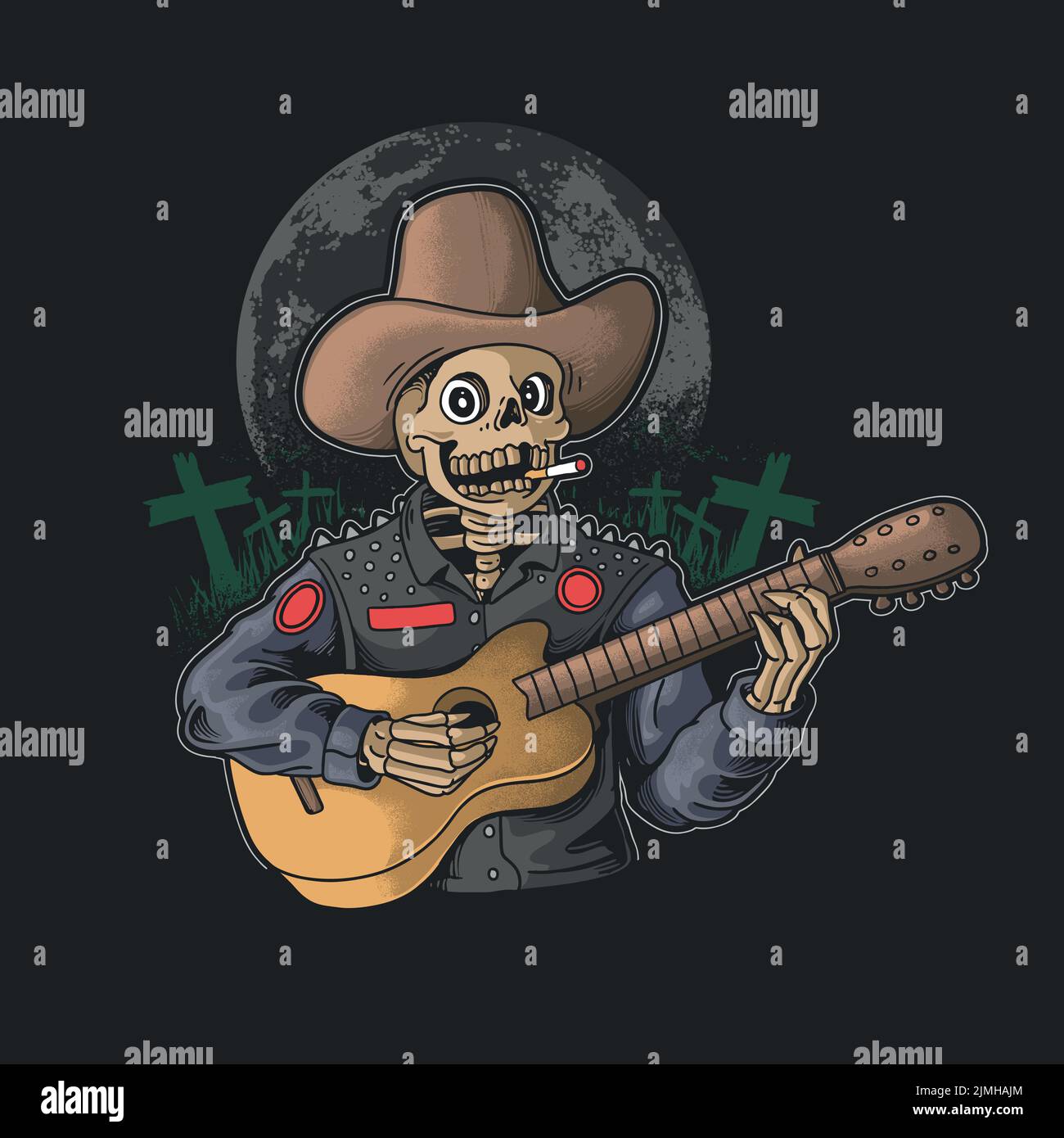 A vector design cool skeleton with a cowboy-style hat playing guitar ...