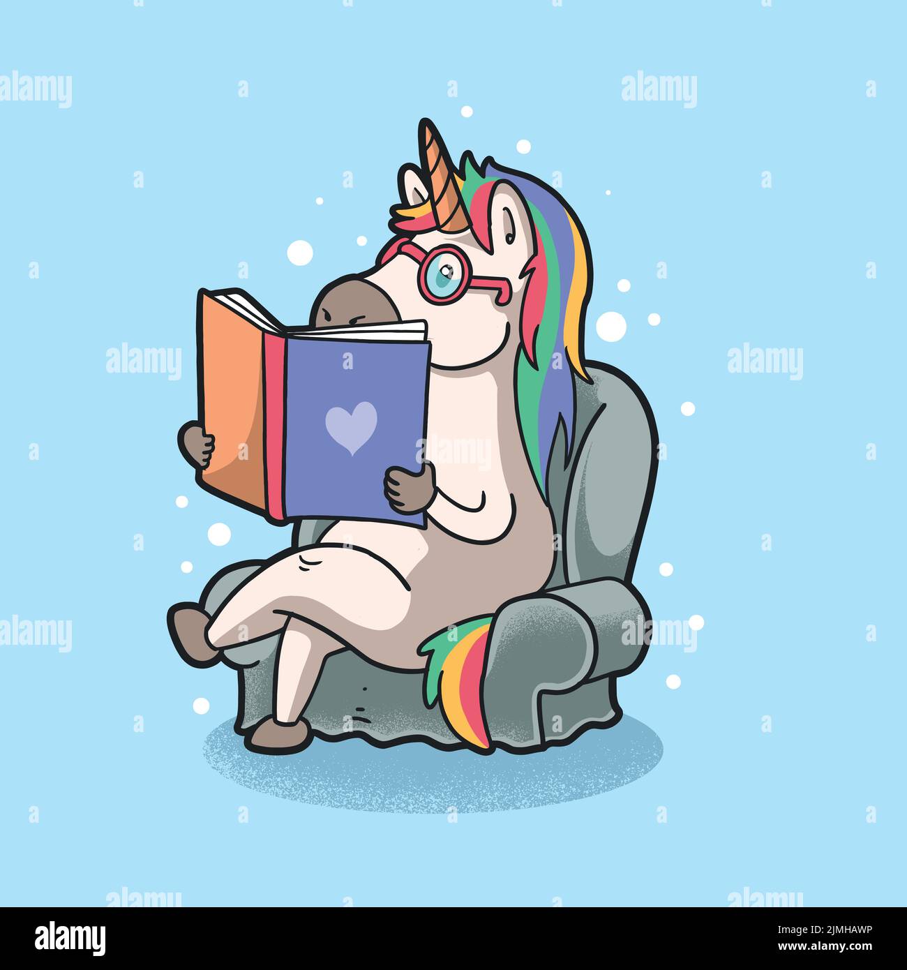 A vector design of cute unicorn with glasses sitting on a couch and ...