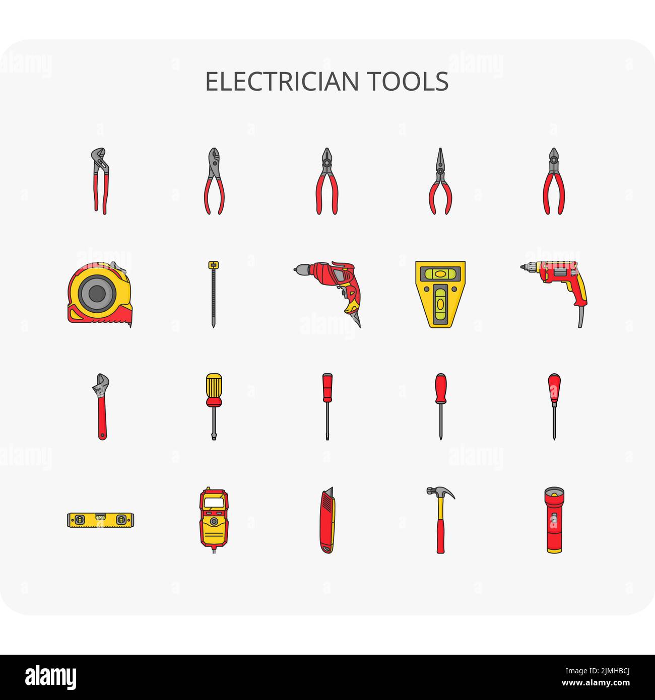 A colorful set of a construction worker tool icons with a white ...