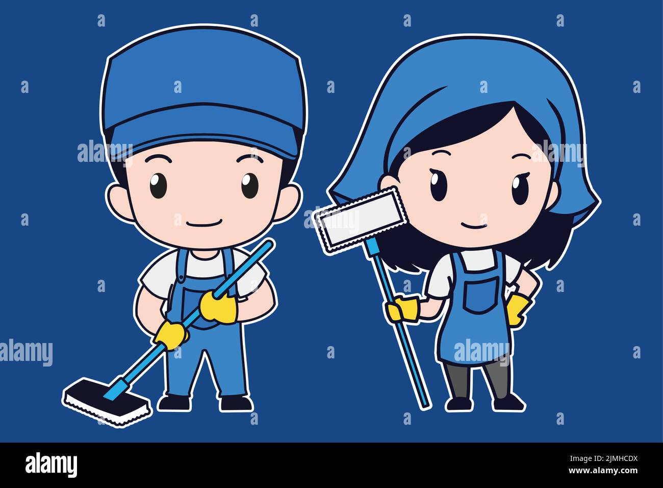 A cute Chibi Kawaii janitor boy and girl ,with mop cleaning service ...