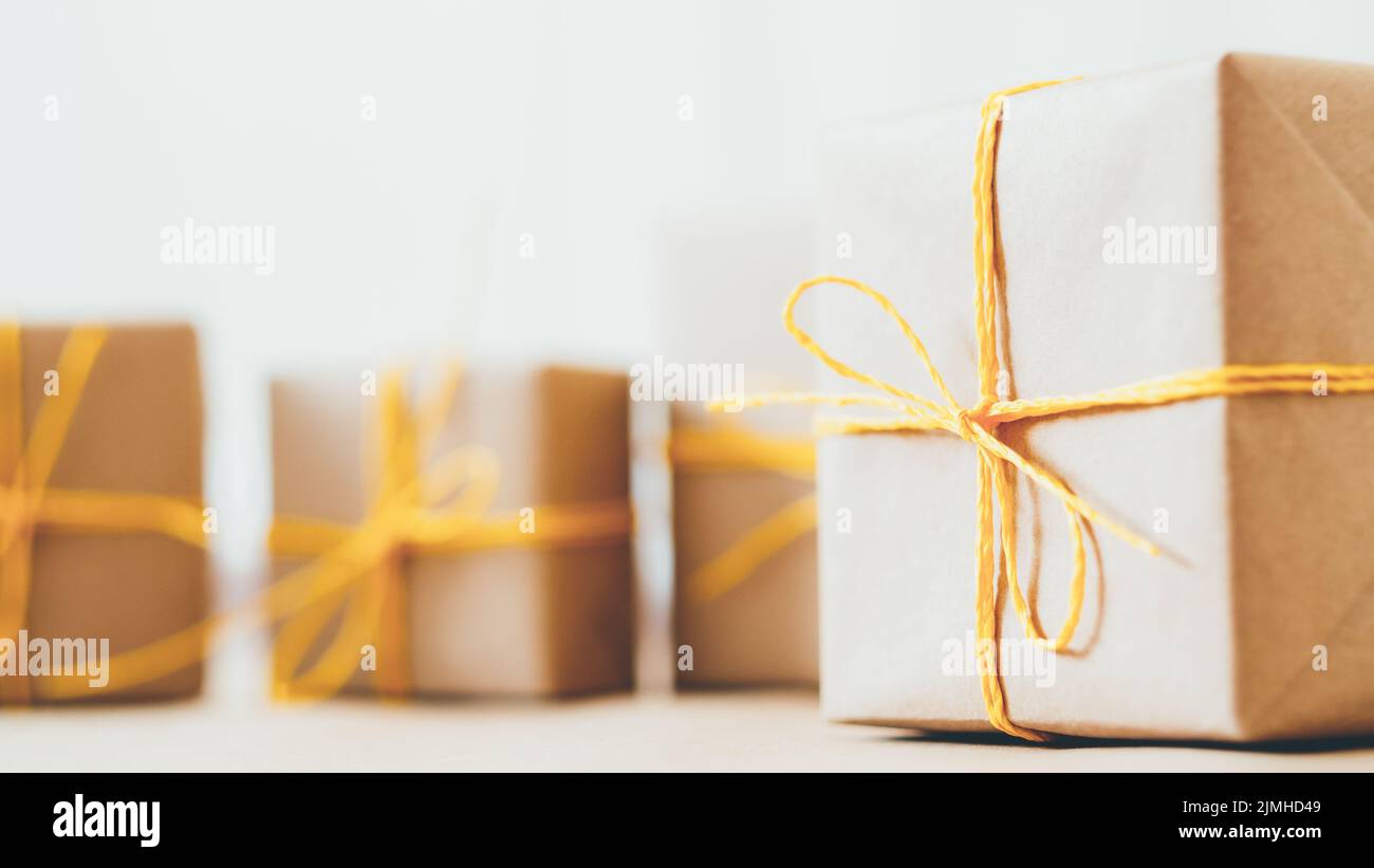 goods delivery beige paper boxes white background Stock Photo - Alamy