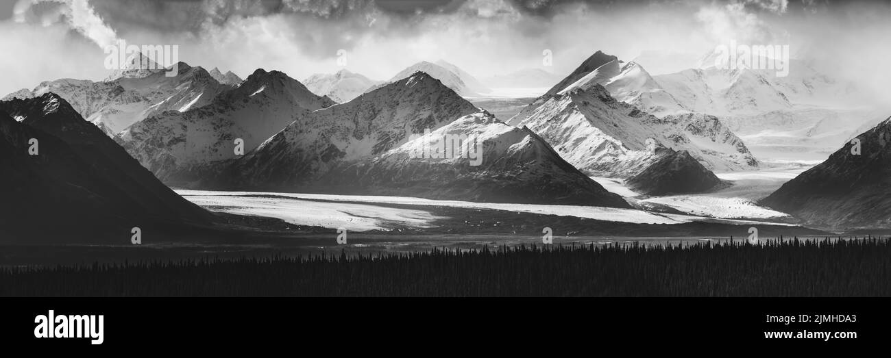 A grayscale panoramic shot of Wrangell-St. Elias National Park ...