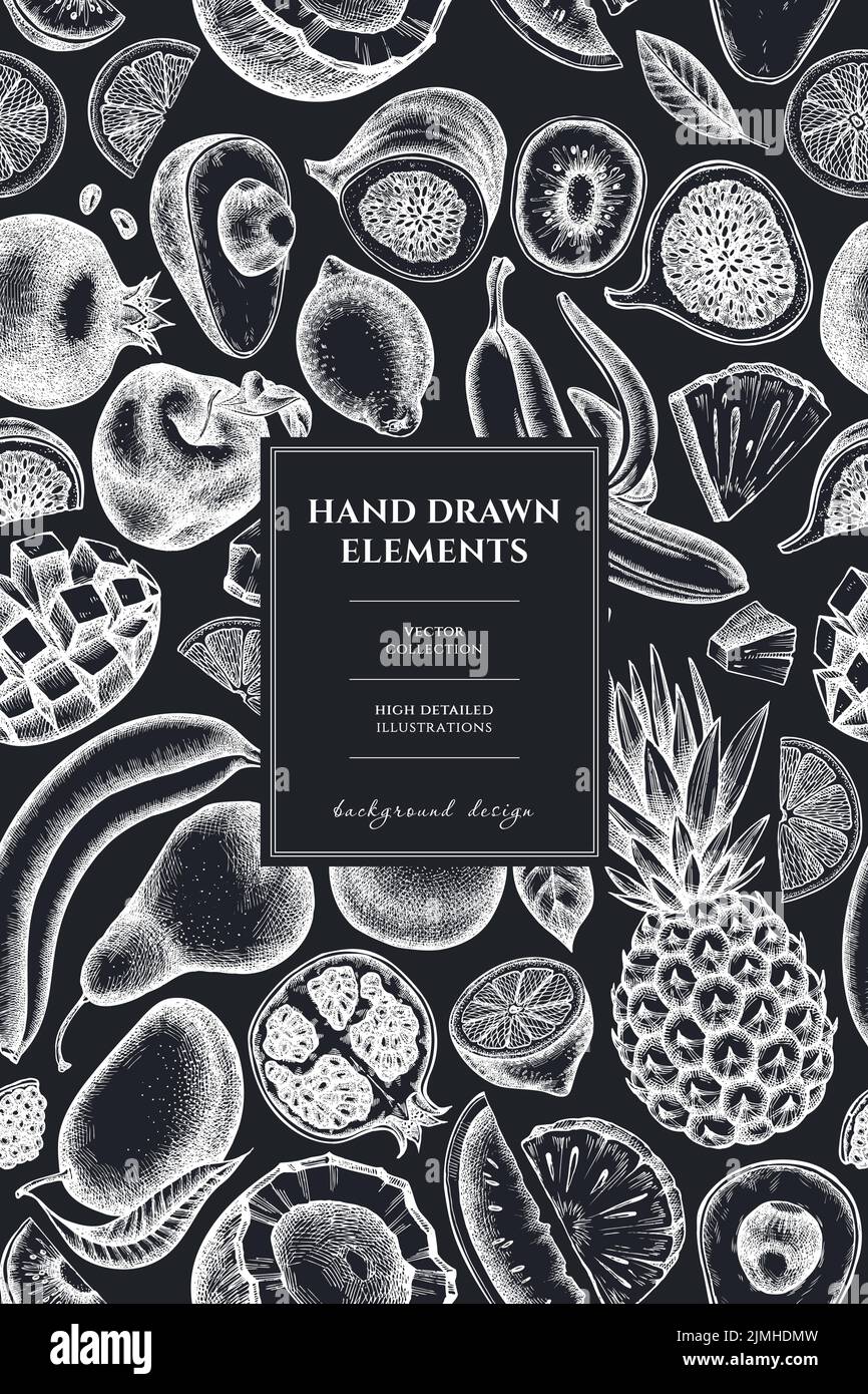 Fruits pattern card design. Hand drawn bananas, pears, kiwi etc Stock ...