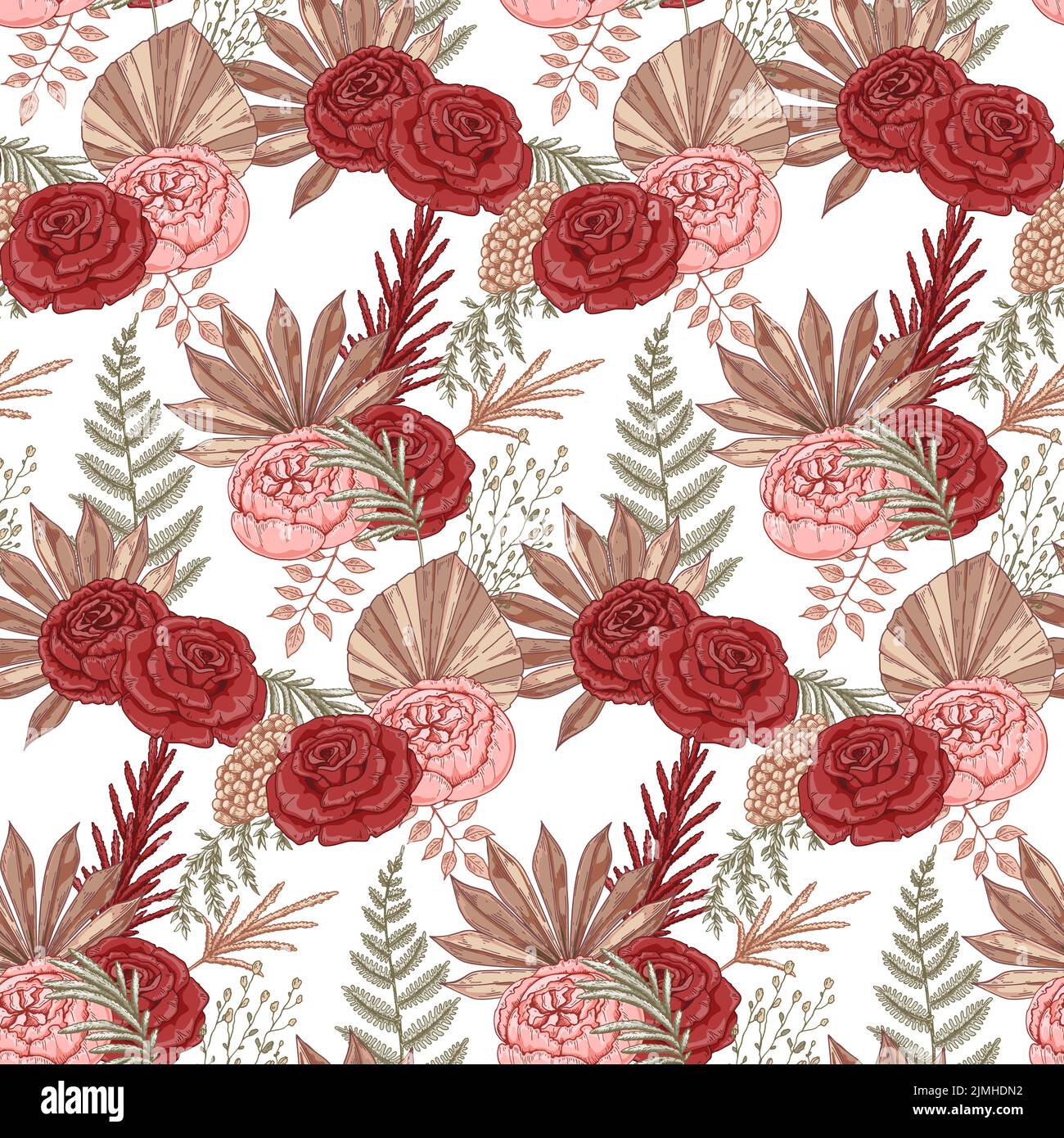 Modern dried flowers seamless pattern. Boho design. Hand drawn vector ...