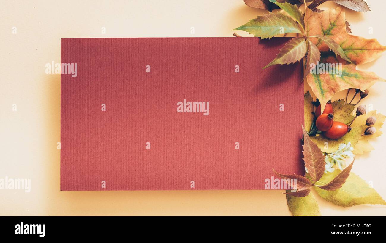 autumn invitation maroon paper peach background Stock Photo - Alamy