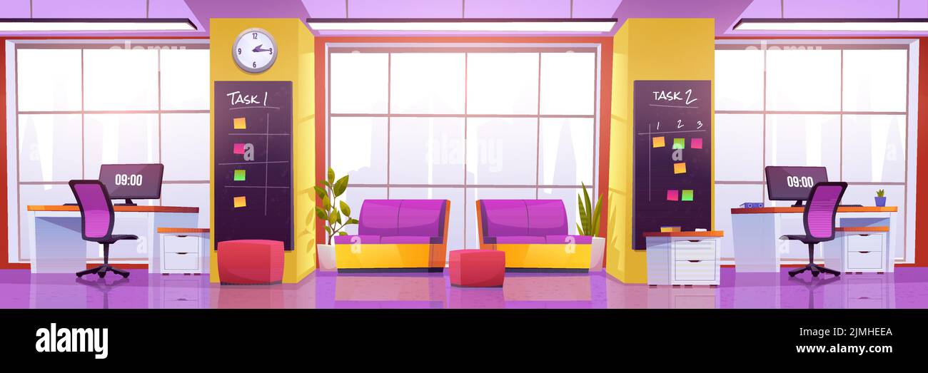 Modern coworking office interior with tables with desktop computers ...